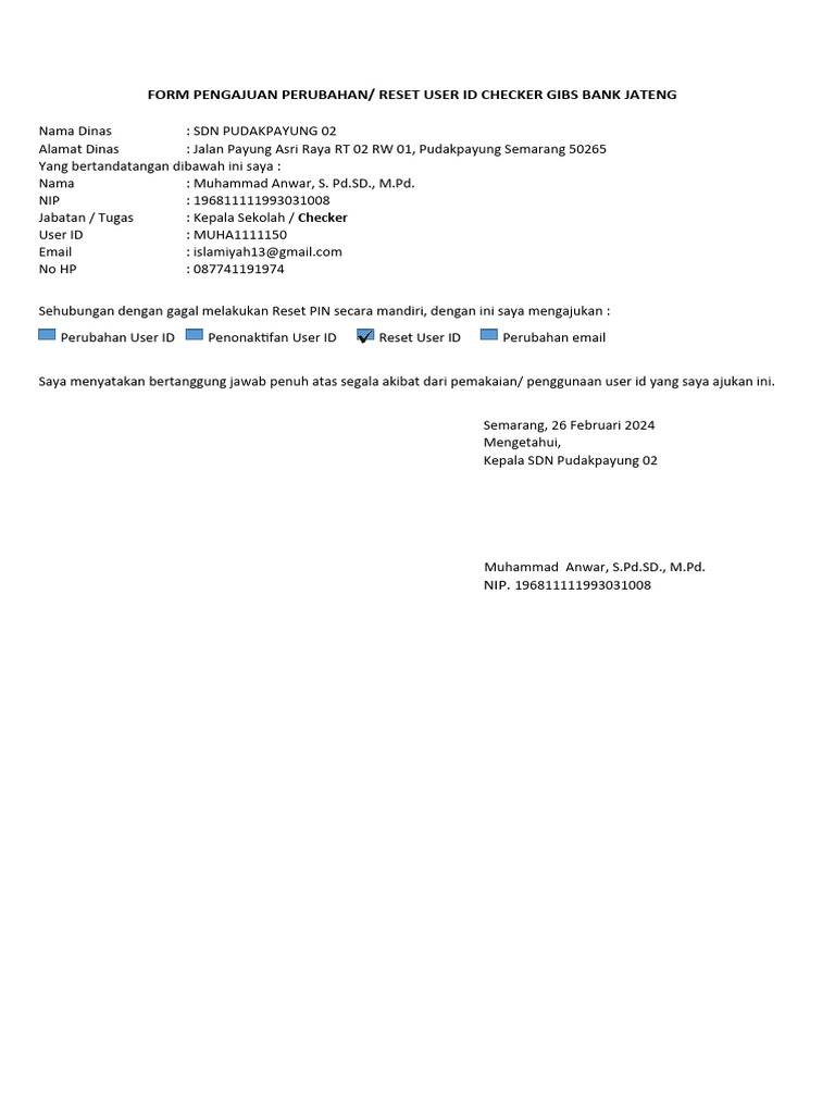 Contoh Form Permohonan Reset User Id Checker | PDF