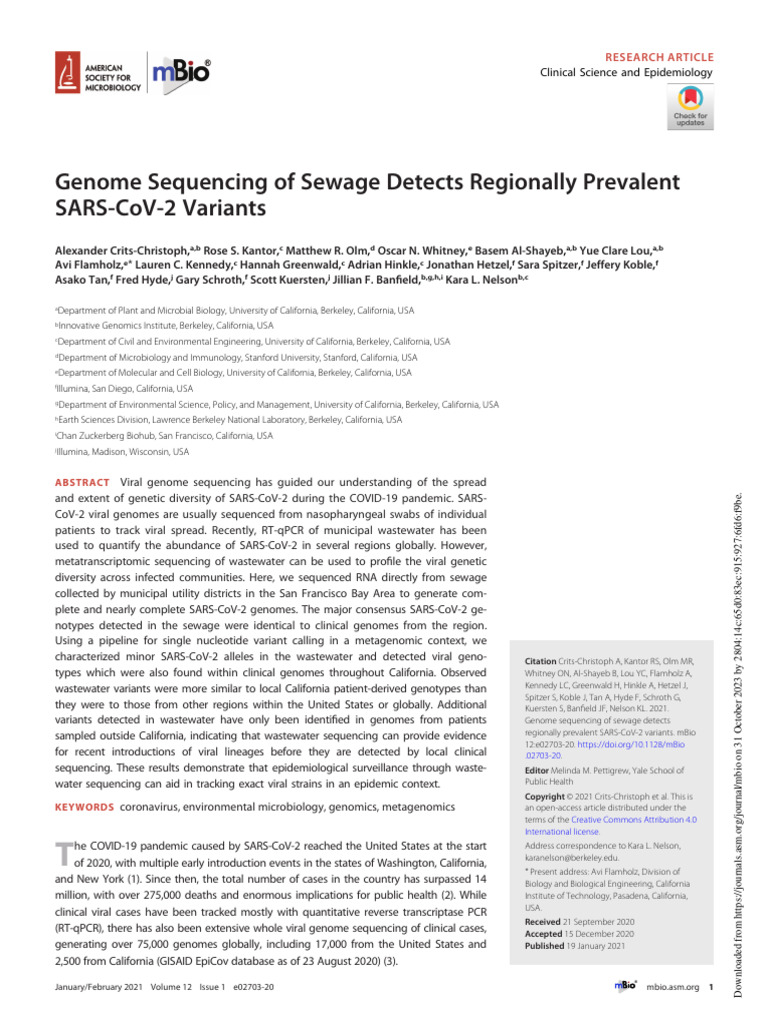 2021 - Genome Sequencing of Sewage Detects Regionally Prevalent SARS-CoV-2 Variants | PDF ...