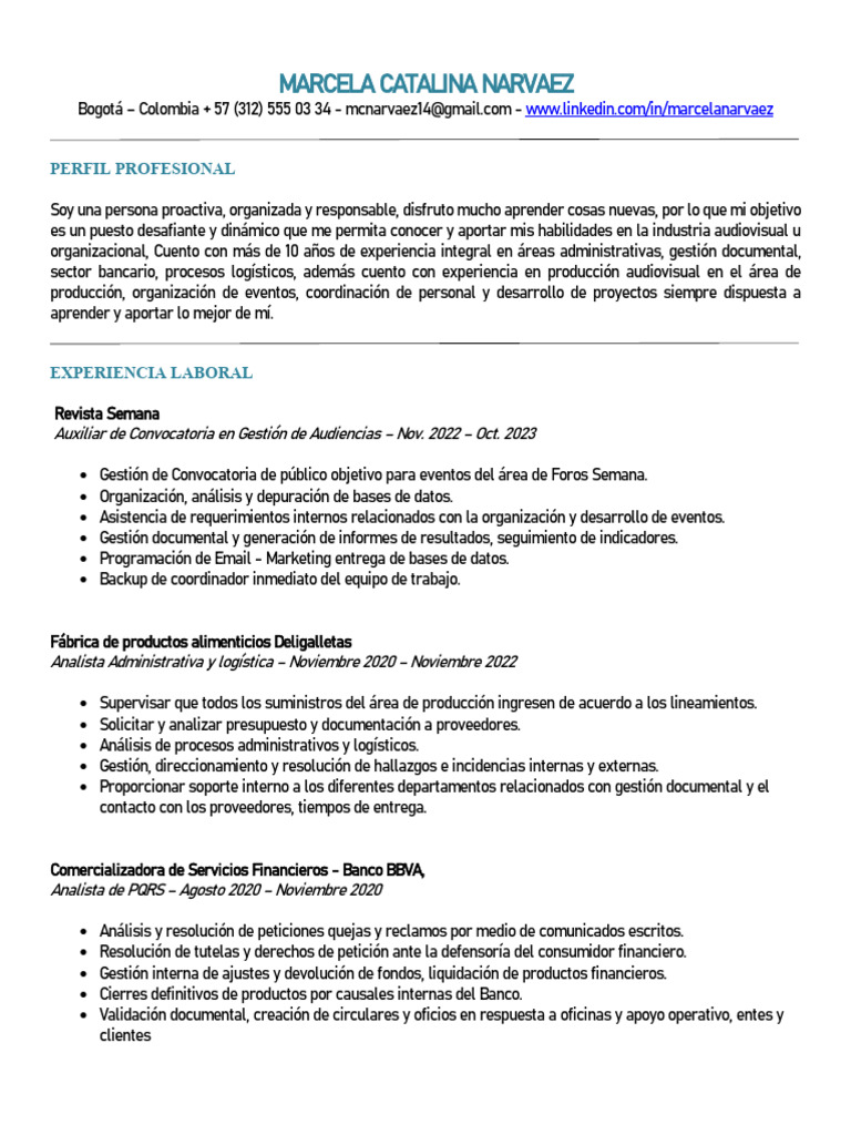 CV Marcela Narvaez 2024-1 | PDF | Logística | Gestión de registros