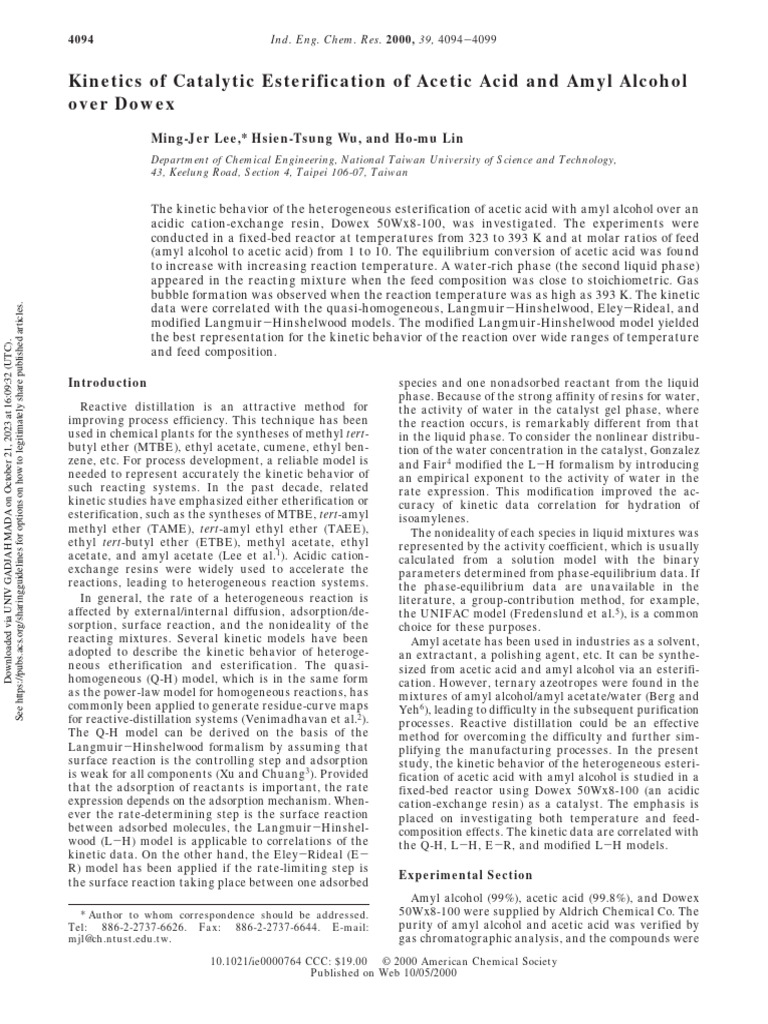 Lee Et Al 2000 Kinetics of Catalytic Esterification of Acetic Acid and ... Lee Et Al 2000 Kinetics of Catalytic Esterification of Acetic Acid and ...