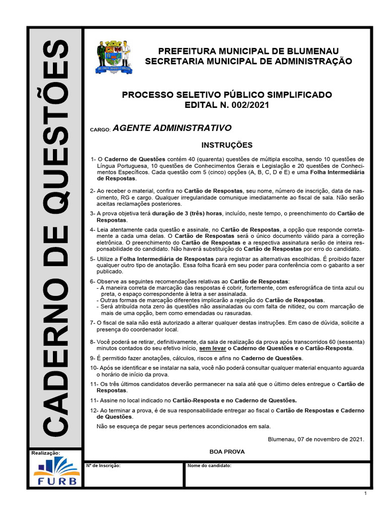 Agente Administrativo 1 Matriz | PDF | Administração pública | Pronome