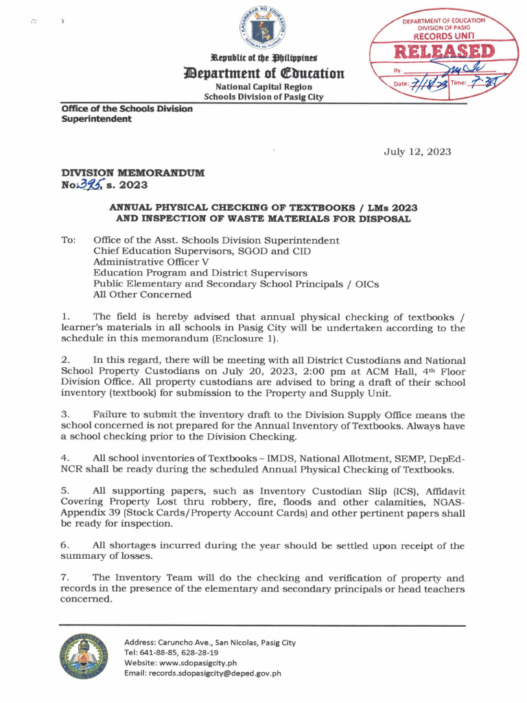 DM No. 395 S. 2023 Annual Physical Checking of Textbooks Lms 2023 and ...