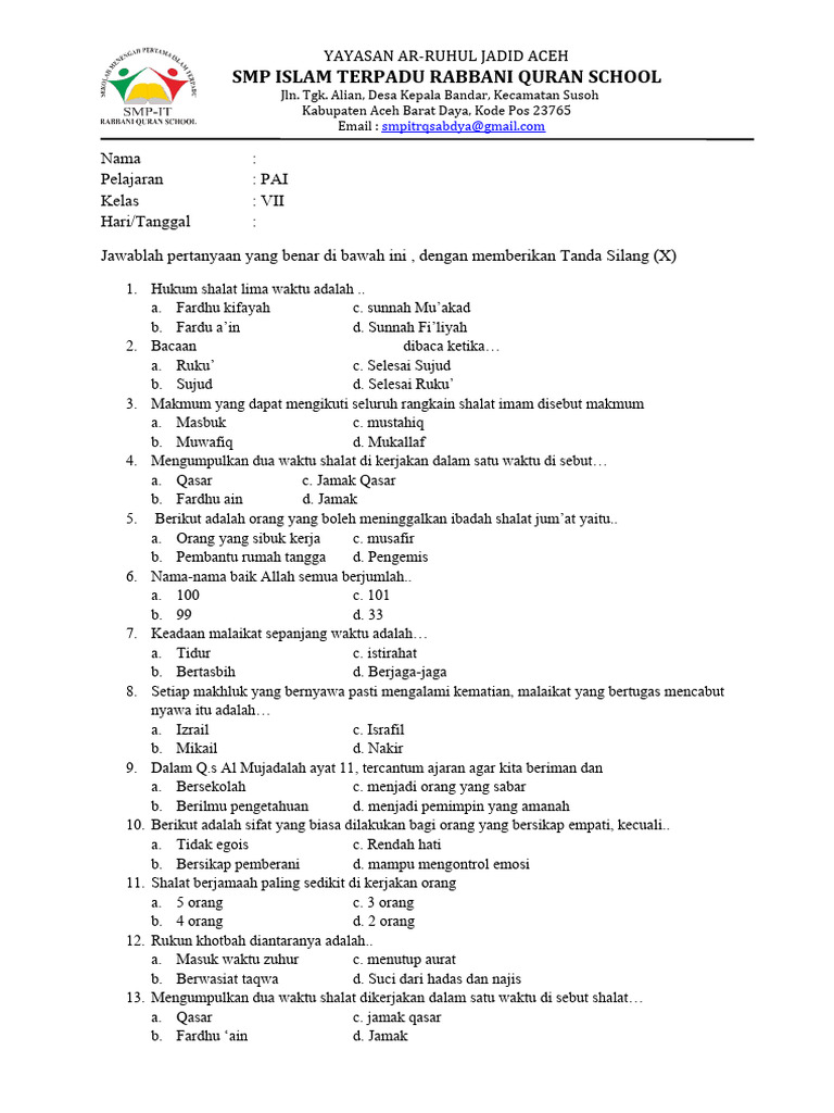 Soal Pai Kls 7 2022 | PDF