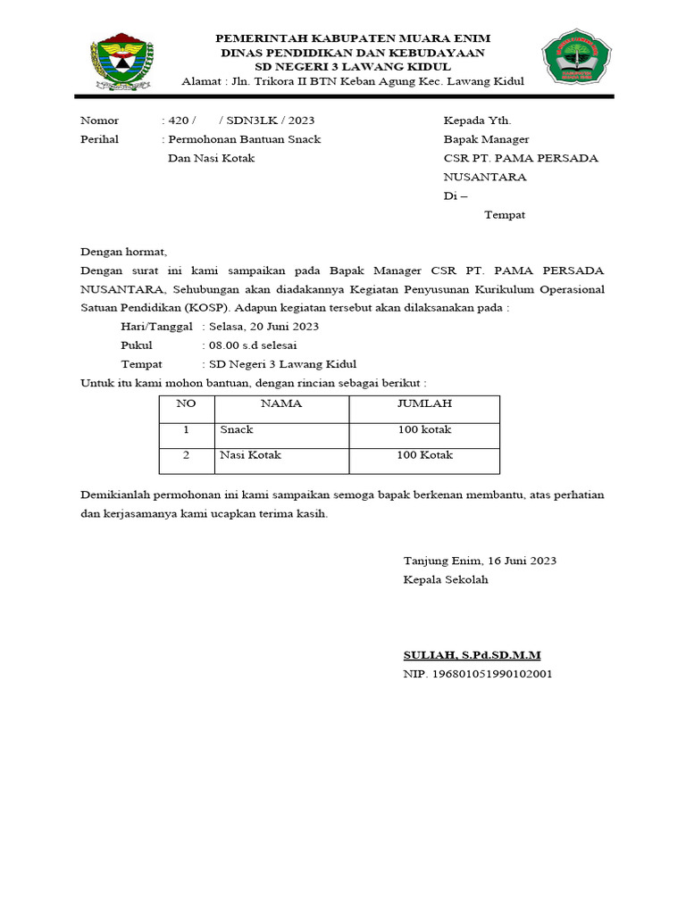 Proposal Bantuan Snack | PDF
