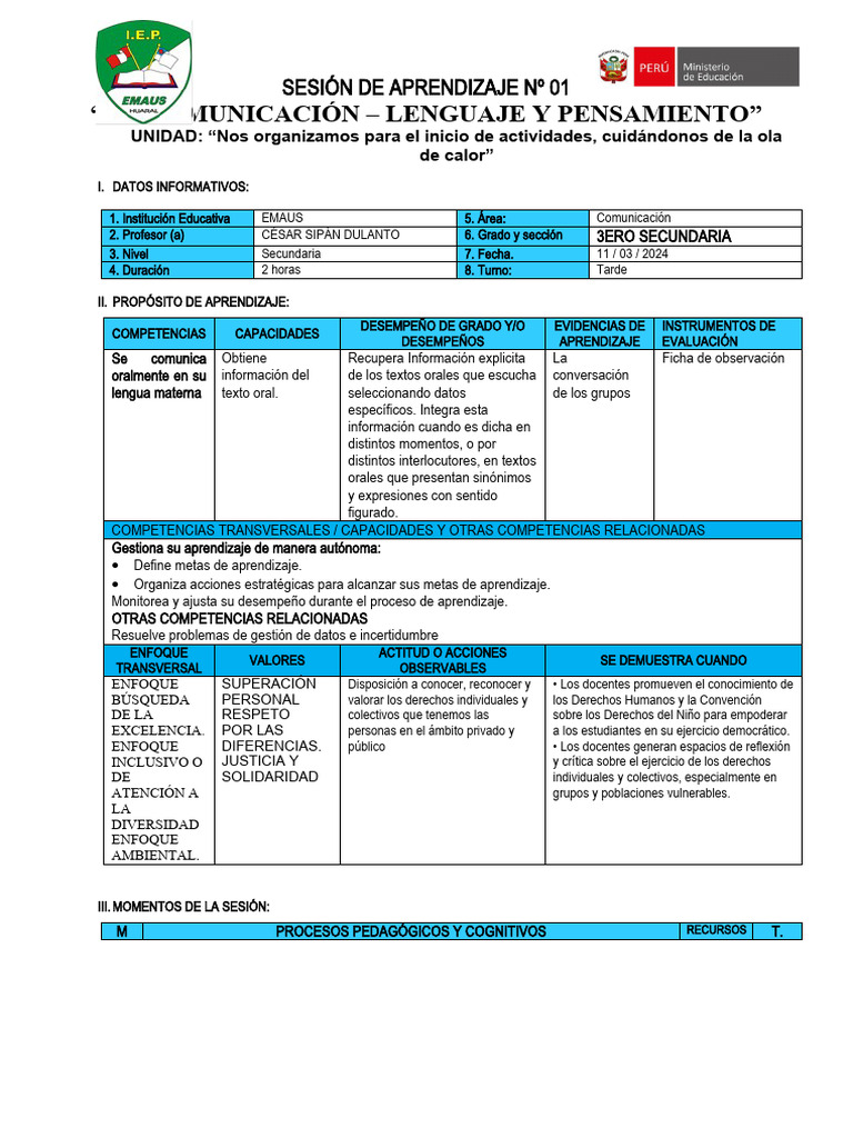 1 Sesión de Clase - La Comunicación - 3ero Sec. Iep Emaus | PDF | Aprendizaje | Evaluación