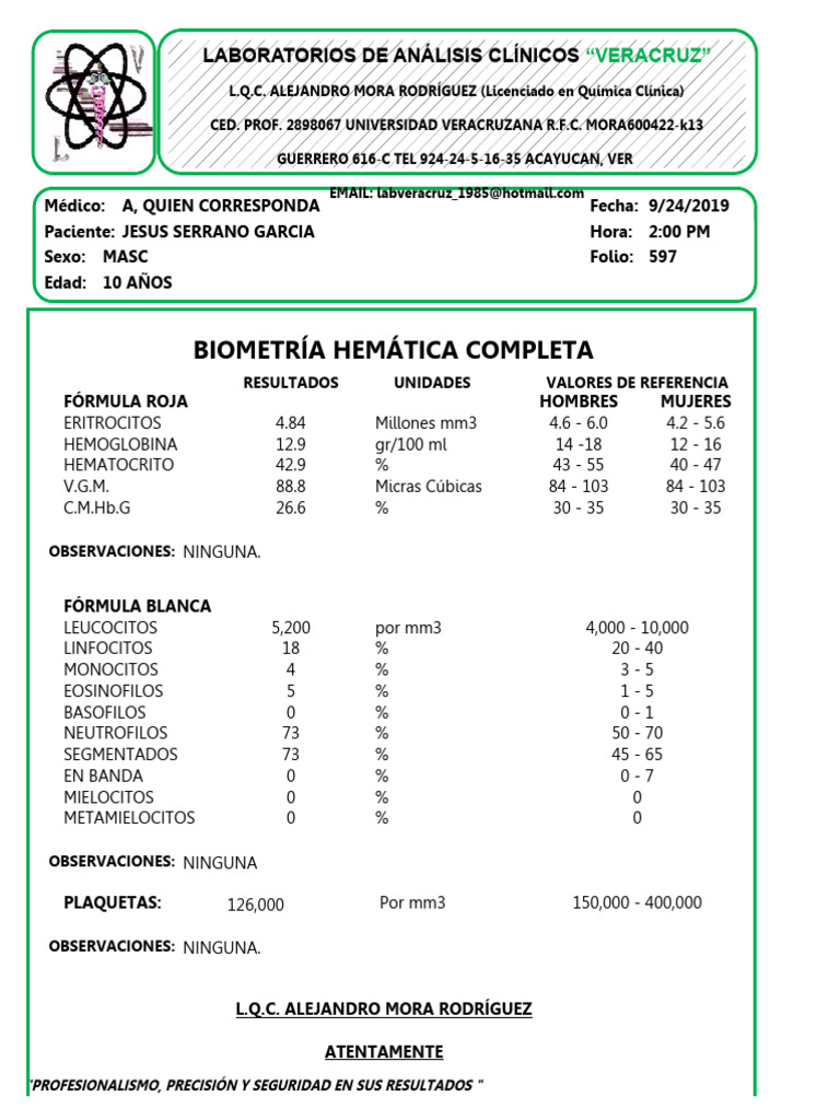 Biometría Hemática Completa: Laboratorios de Análisis Clínicos | PDF ...