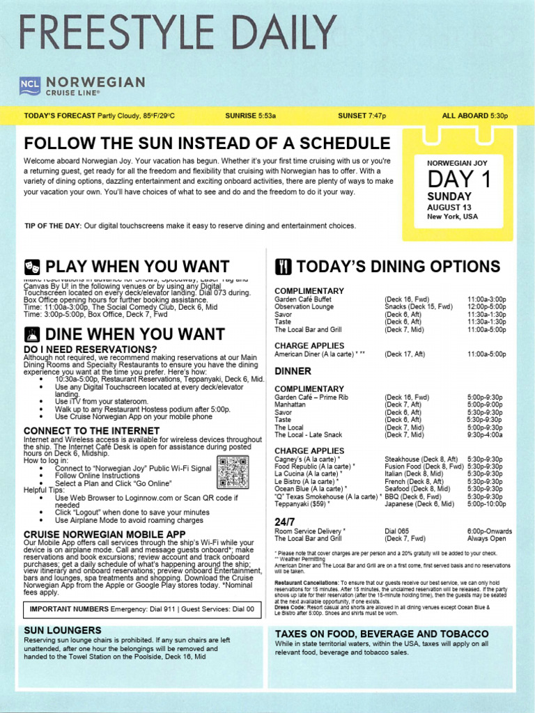 Norwegian Cruise Day Plan | PDF | Cruise Ship | Restaurants