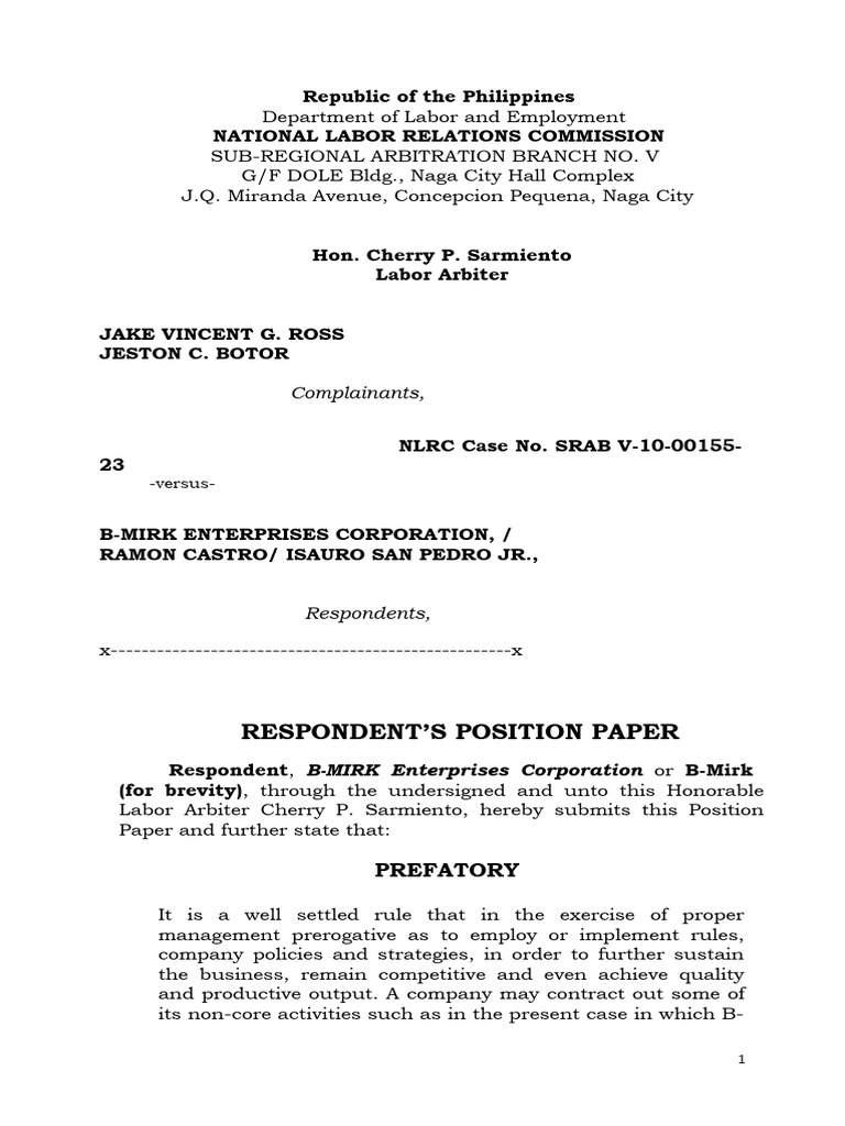 B-Mirk Enterprises Position Paper on NLRC Case | PDF | Damages | Overtime