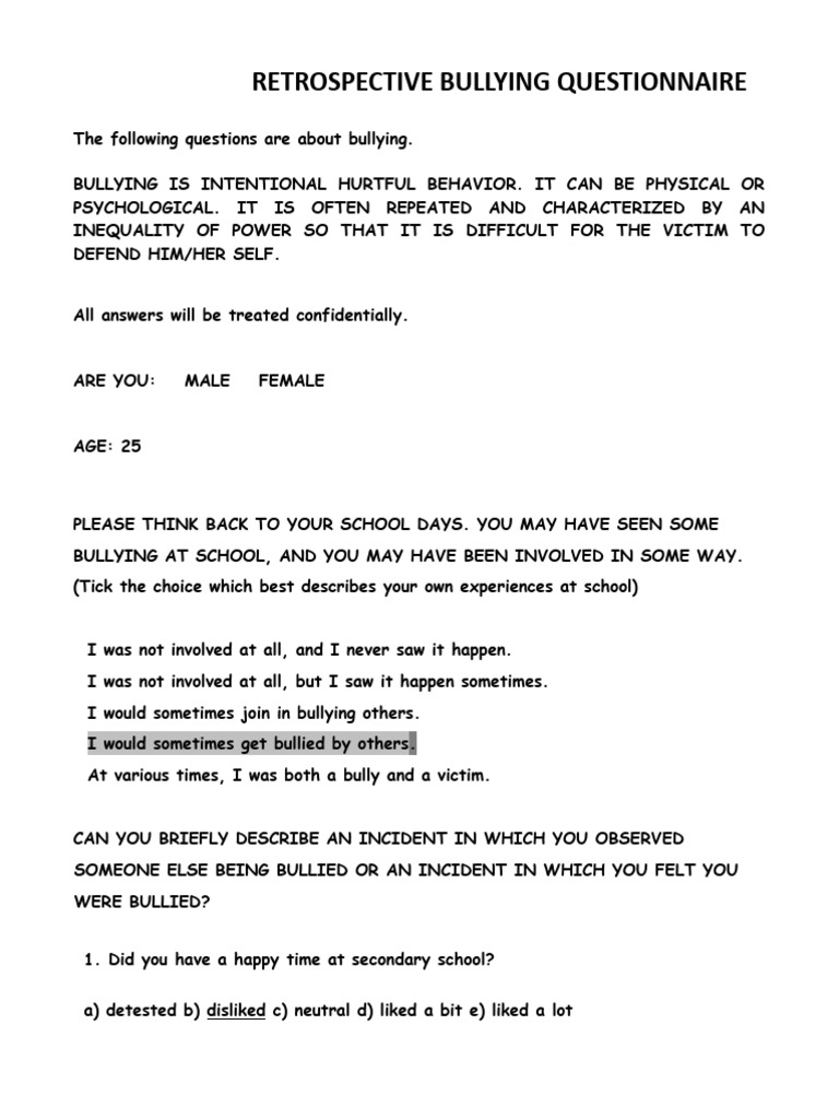 Bullying Questionaire English PDF | PDF | Bullying | Behavioural Sciences