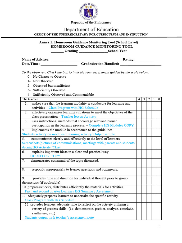 Homeroom Guidance Monitoring and Evaluation Tool (School Level) | PDF ...