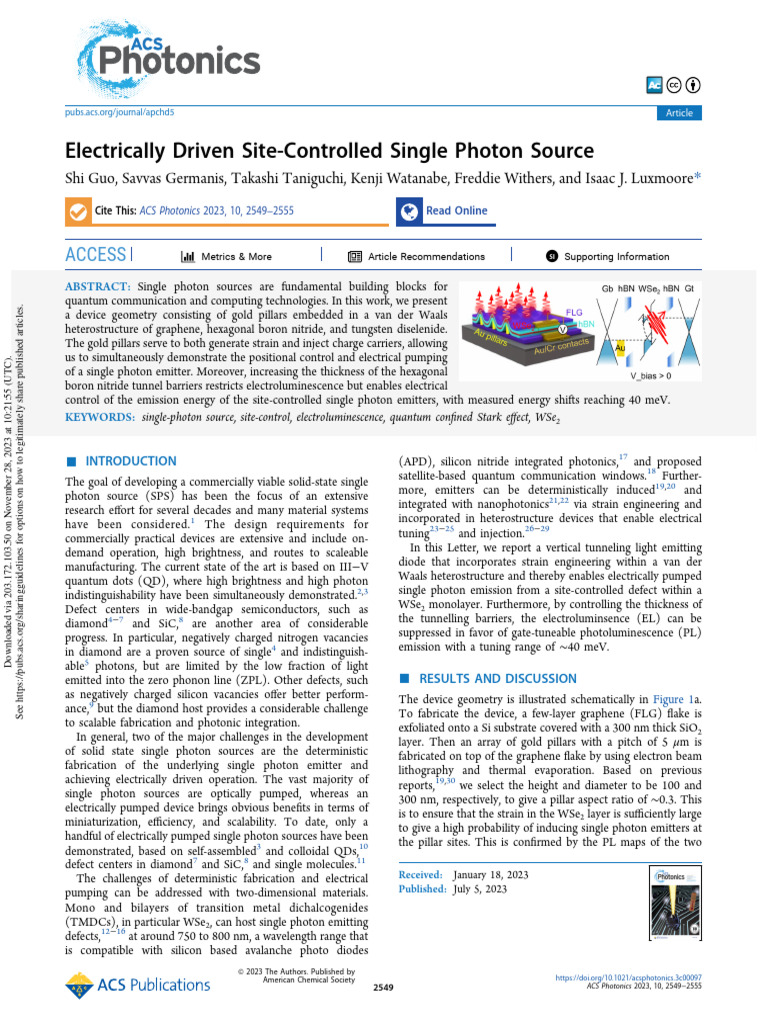 Guo Et Al 2023 Electrically Driven Site Controlled Single Photon Source | PDF | Quantum ...