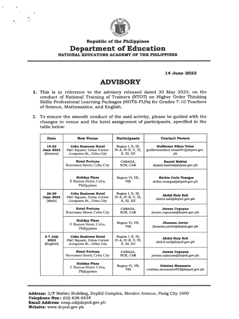 Advisory For NTOT On HOTS PLP | PDF