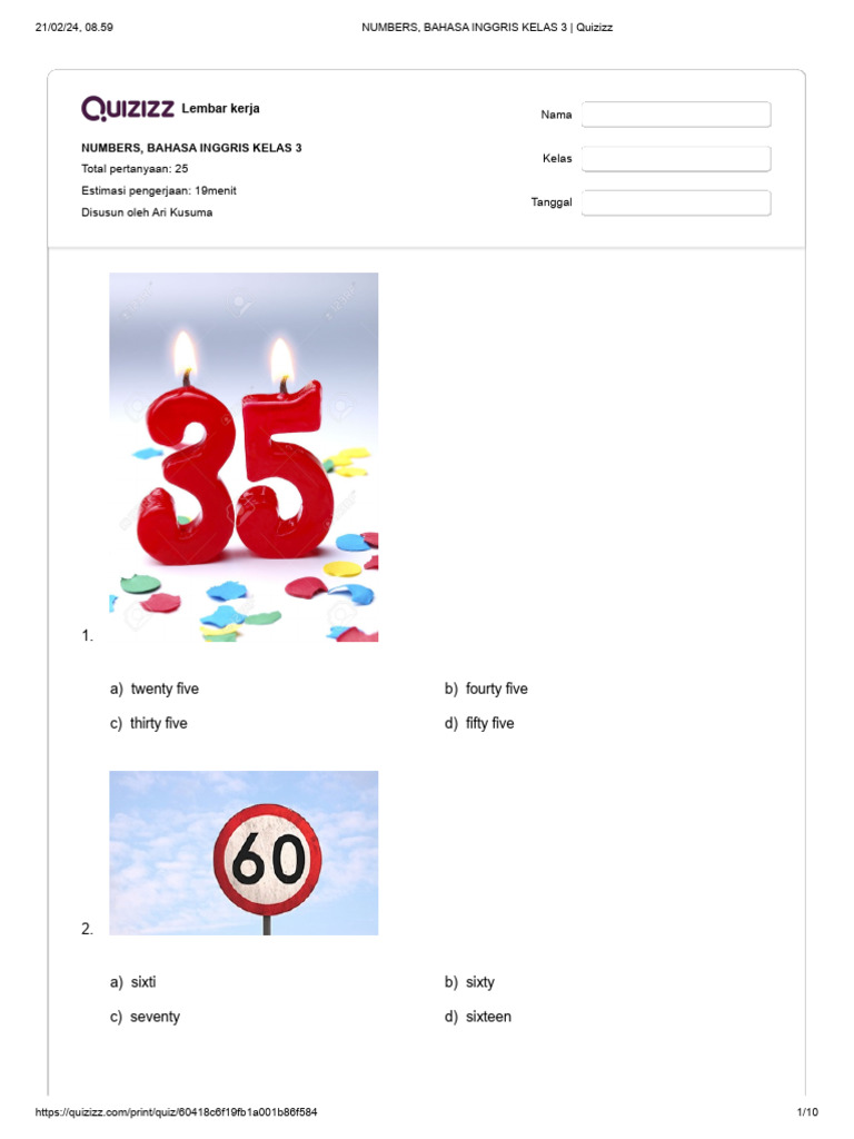 Numbers, Bahasa Inggris Kelas 3 - Quizizz | PDF