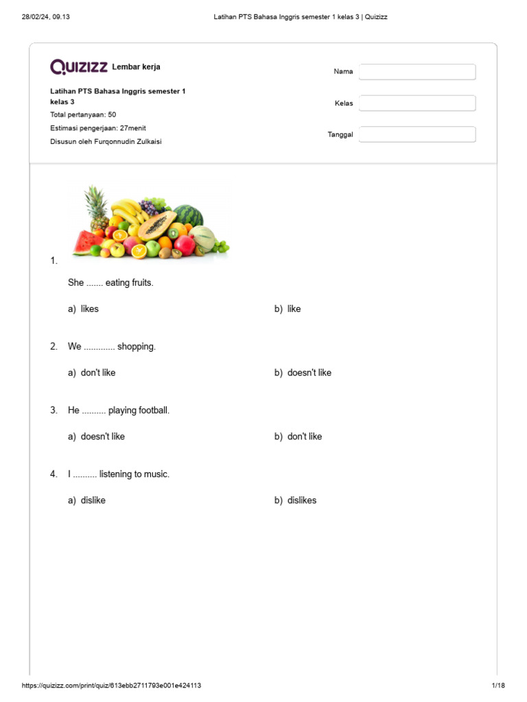 Latihan PTS Bahasa Inggris Semester 1 Kelas 3 - Quizizz | PDF | Foods | Home