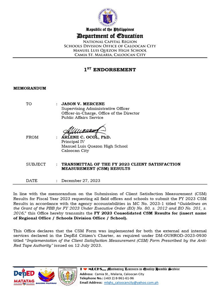 Transmittal of The Fy 2023 Client Satisfaction Measurement (CSM) Results | Download Free PDF ...