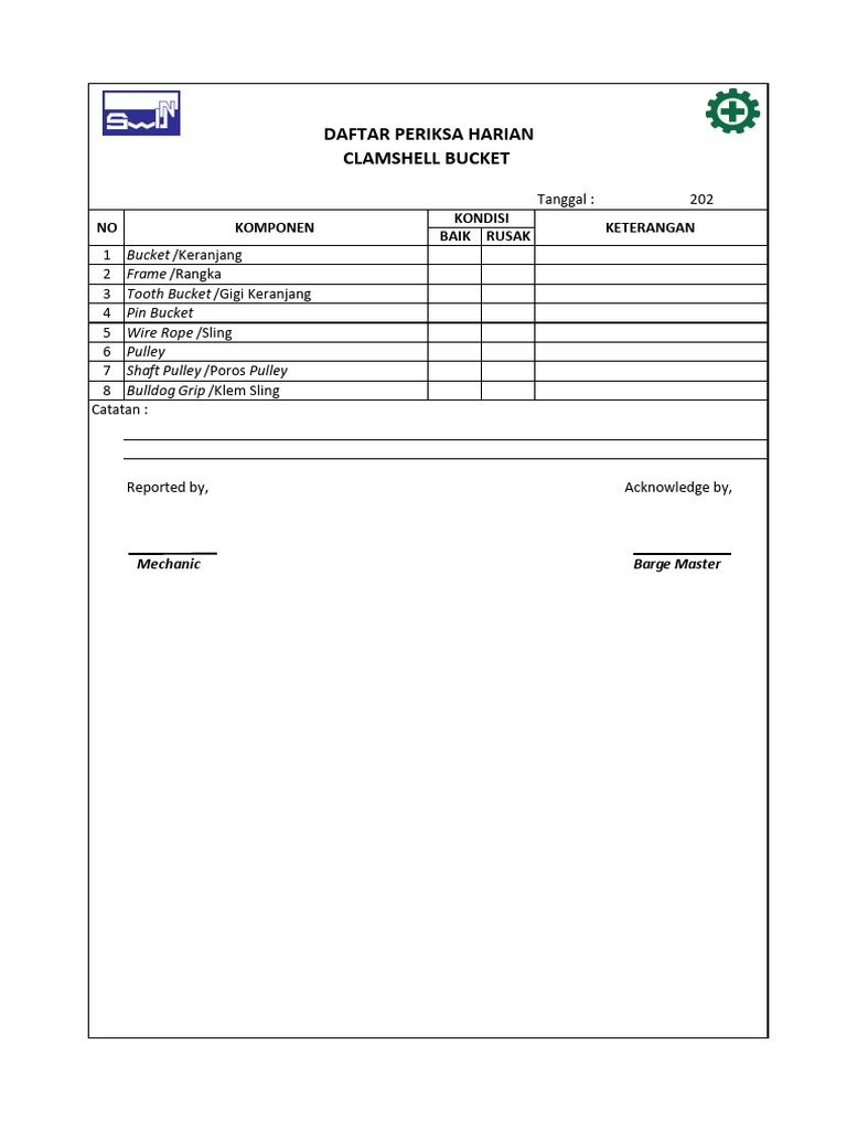 Daily Inspection Checklist for Clamshell Bucket | PDF
