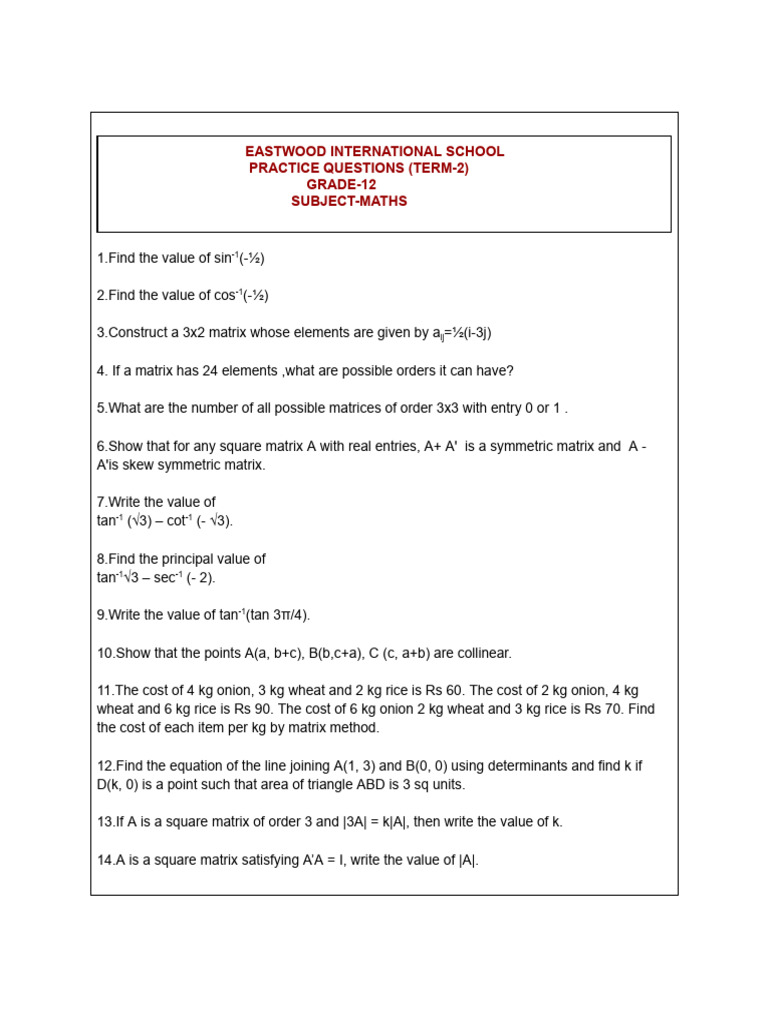XII Maths Practice Questions | PDF | Area | Matrix (Mathematics)