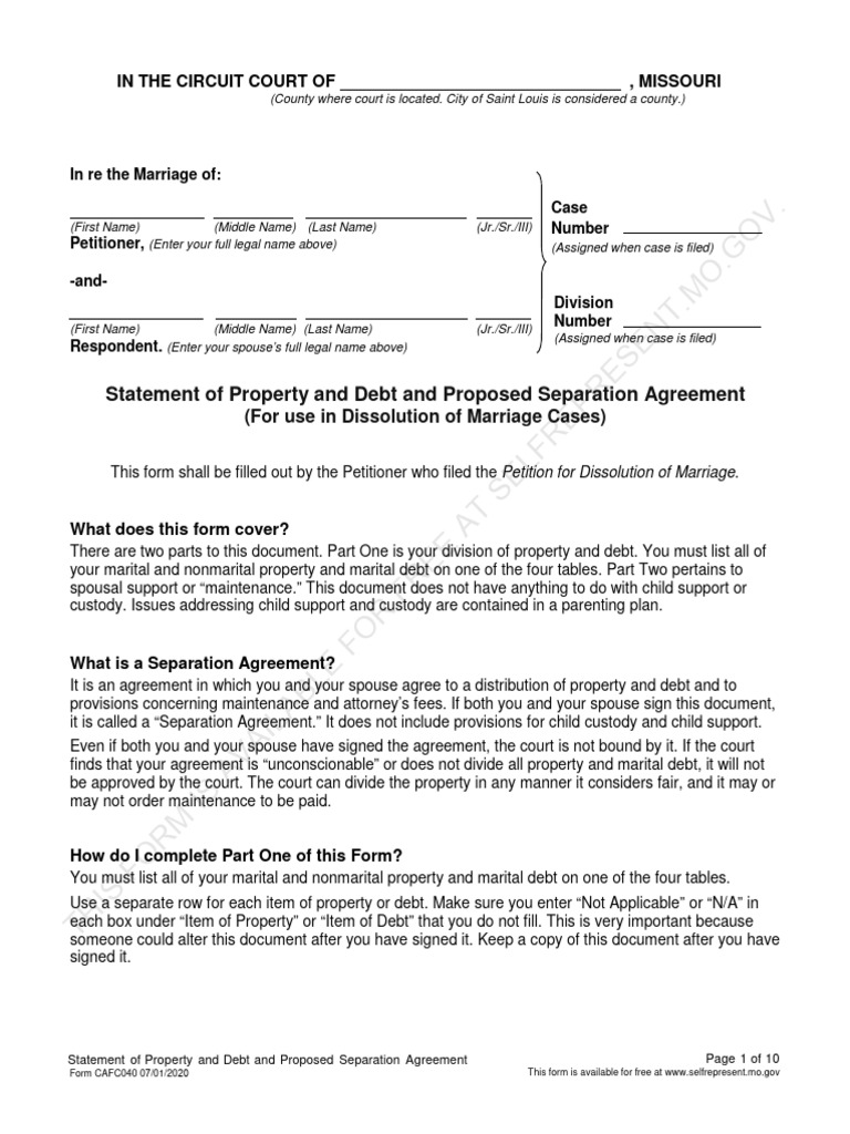 Missouri Divorce Property Statement Form | PDF | Alimony | Child Support