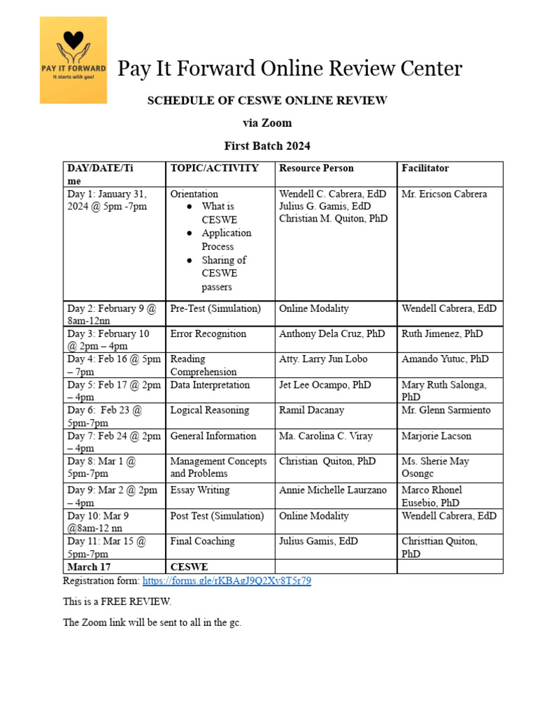 2024 CESWE Online Review Schedule | PDF | Wellness