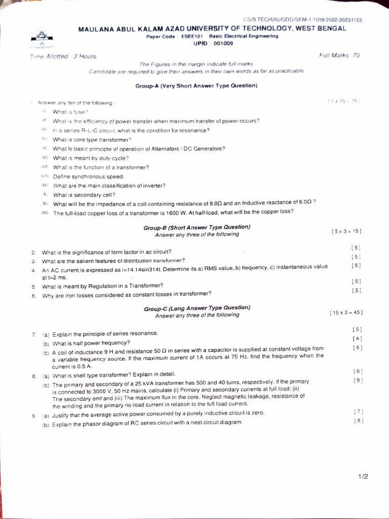 Cse &aiml Previous Year Basic Electrical 1 ST Sem | PDF | Transformer | Inductance