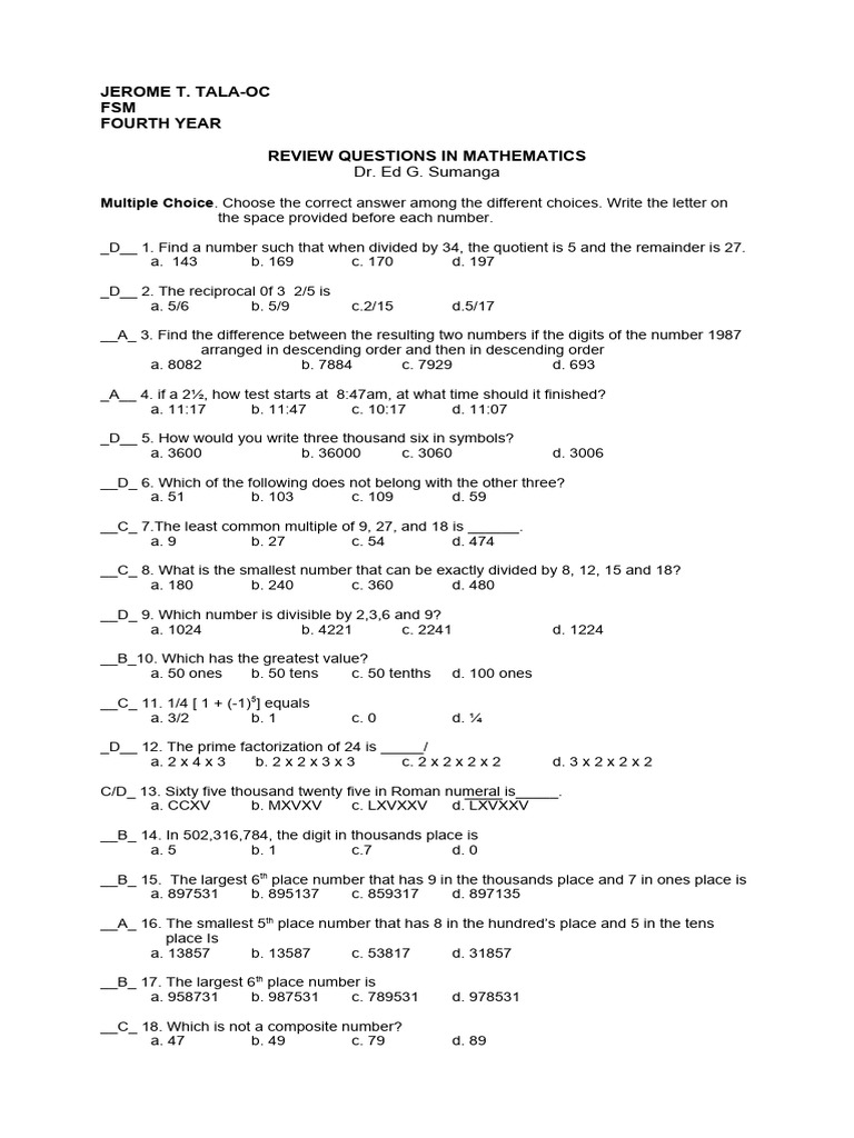 Review Questions Math | Download Free PDF | Numbers | Elementary Mathematics