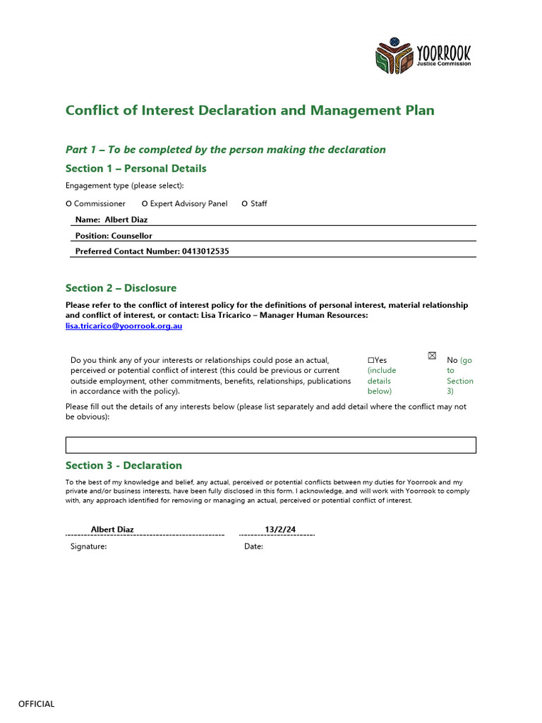 Conflict of Interest Declaration Form July 2022 | PDF | Conflict Of Interest | Justice