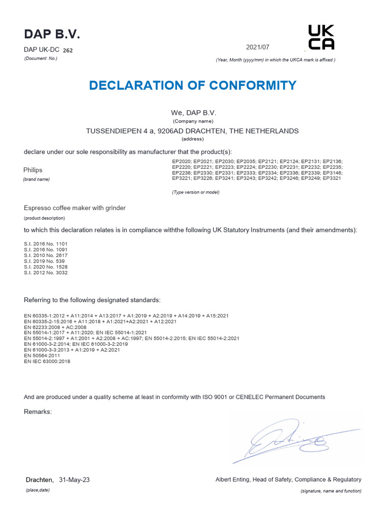 Declaration of Conformity: Dap B.V | PDF | Home & Garden | Technology & Engineering