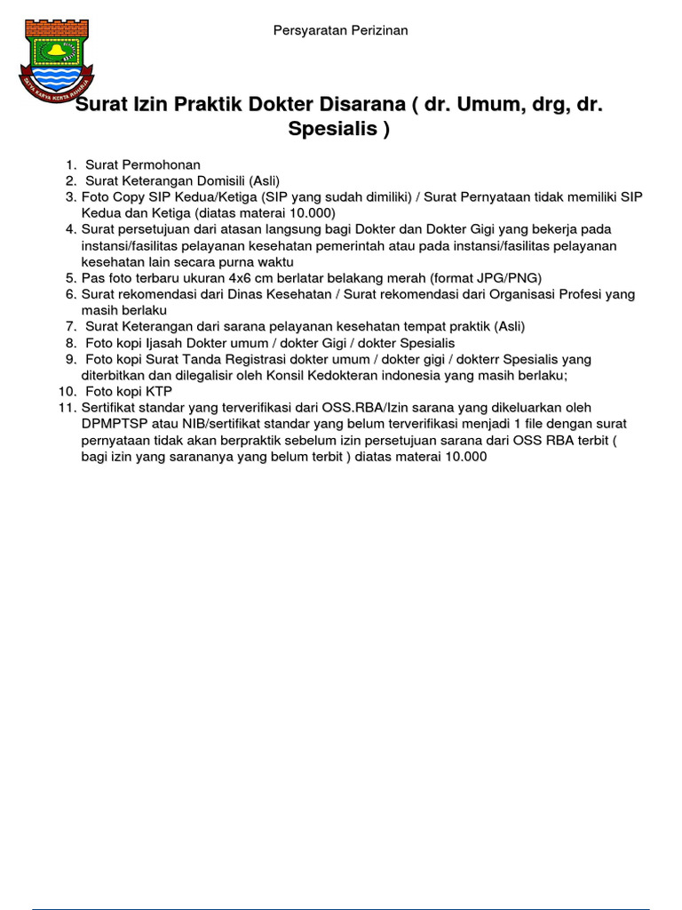 PersyaratanSurat Izin Praktik Dokter Disarana Dr. Umum DRG Dr. Spesialis | PDF