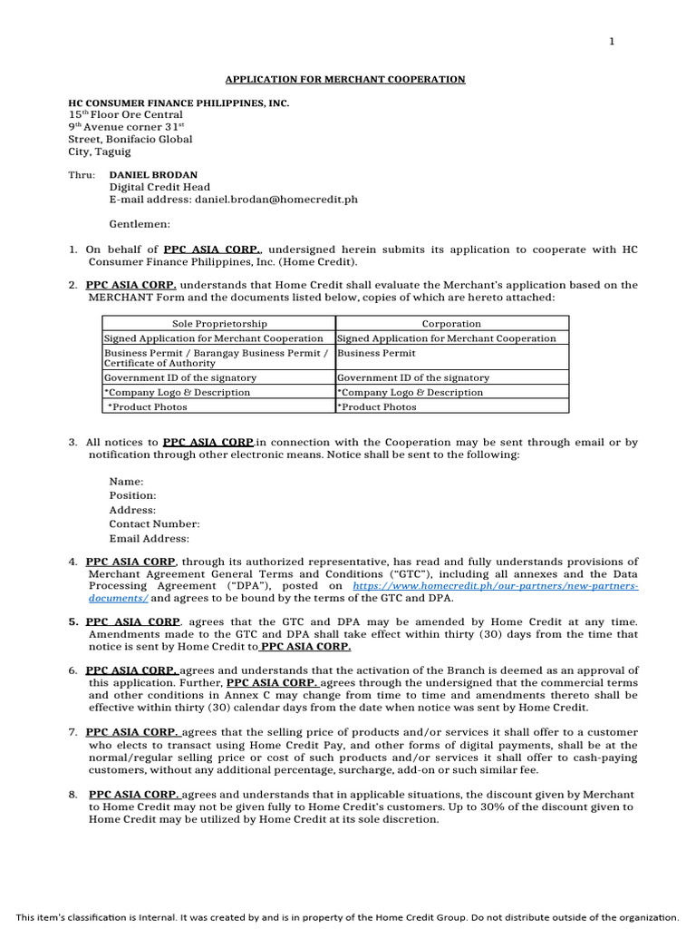 (Template) Application For Merchant Cooperation - HCPH OPG and QR (As ...