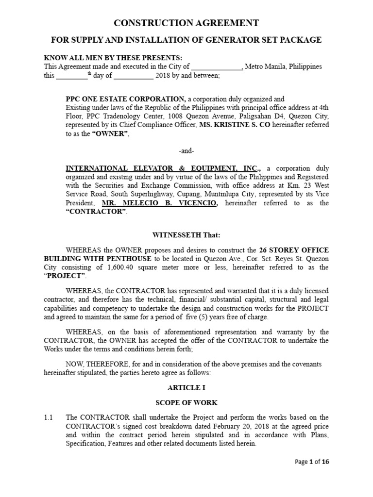 1.contract of Agreement - Generator Set Package - Revised | PDF | Breach Of Contract | Legal ...