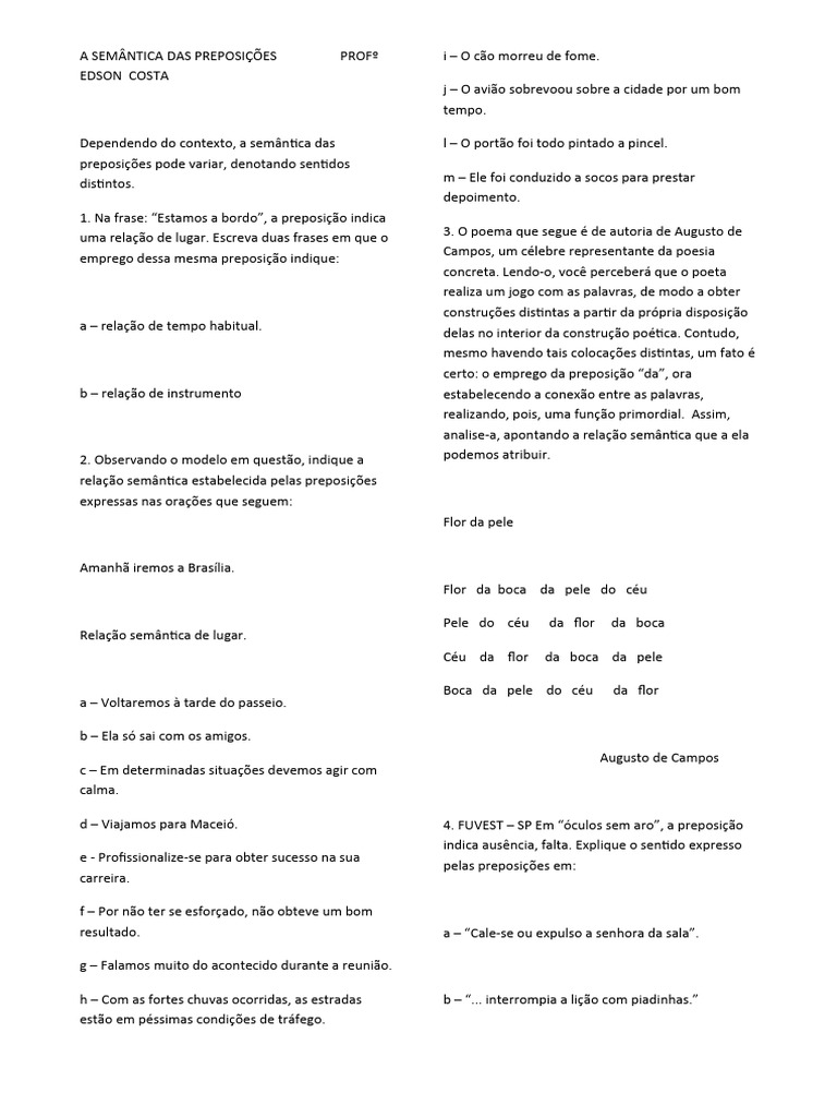 A Semântica Das Preposições Profº Edson Costa | PDF | Poesia