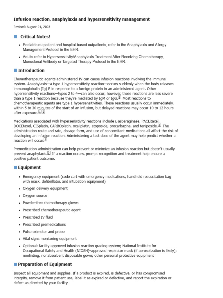 Infusion Reaction, Anaphylaxis and Hypersensitivity Management | PDF ...