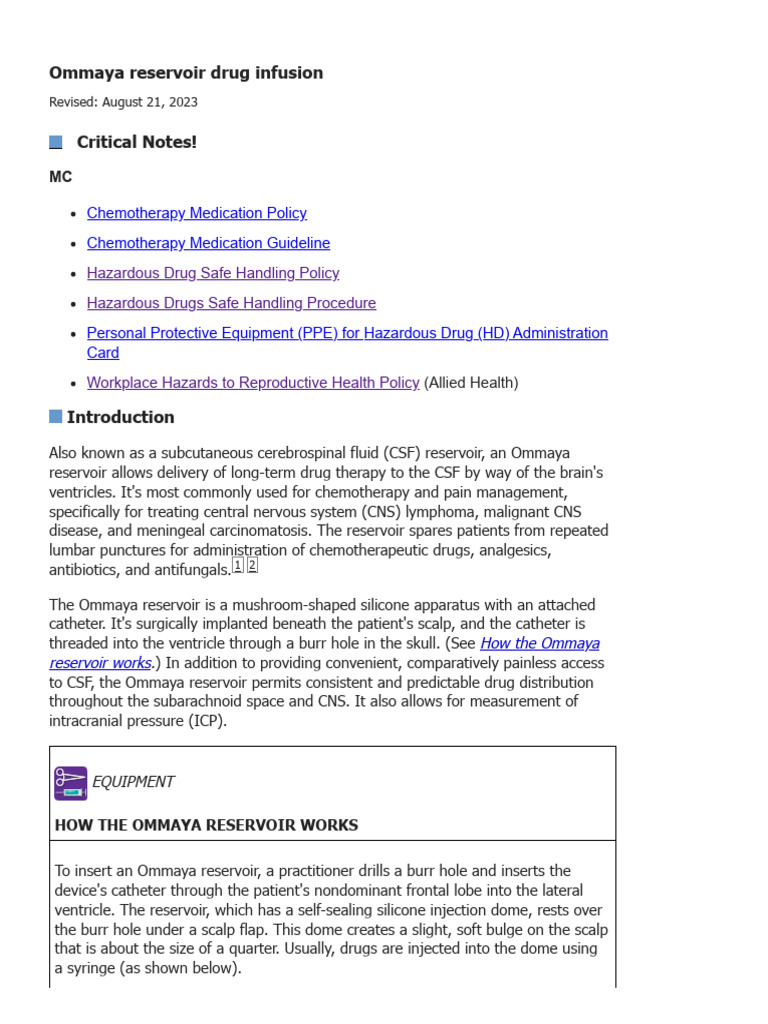 Ommaya Reservoir Drug Infusion Guide | PDF | Joint Commission ...