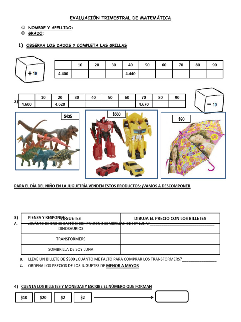 Evaluación Trimestral de Matemática 4° | PDF