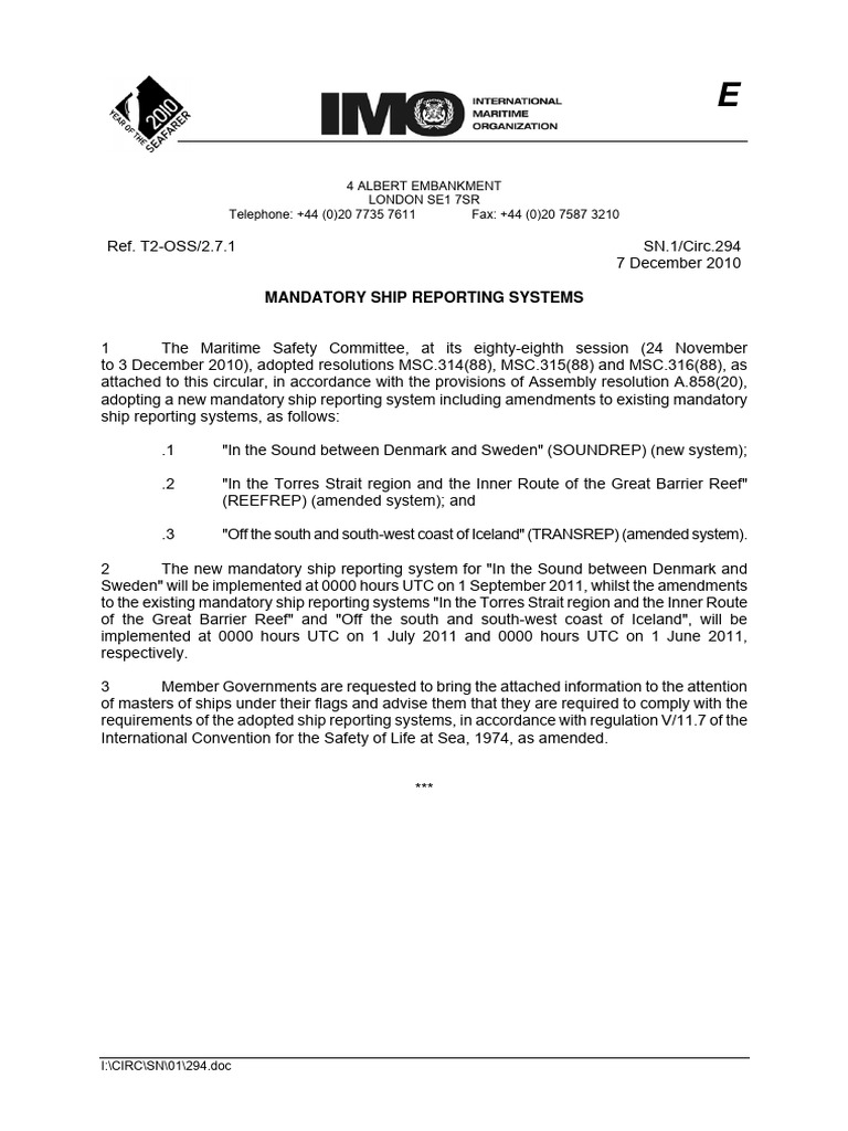 SN.1-Circ.294 - Mandatory Ship Reporting Systems (Secretariat) | PDF ...
