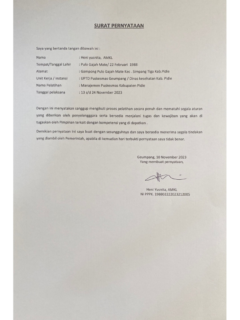SRT Pernyataan Heni Yusnita, AMKL | PDF