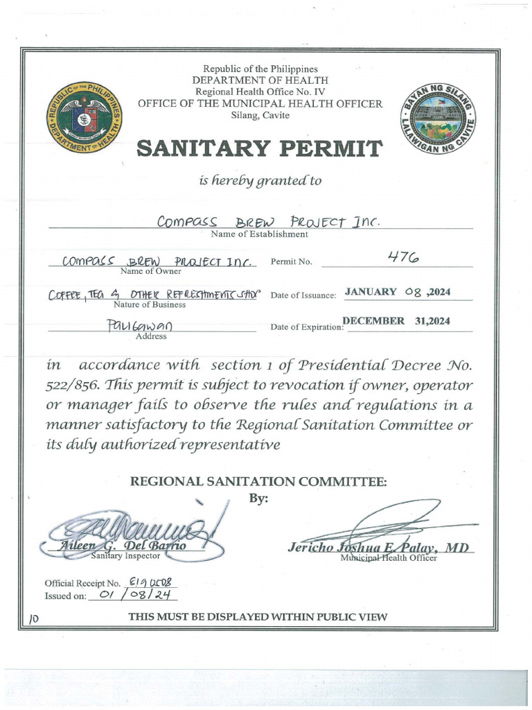 2024 Sanitary Permit Compass Brew | PDF