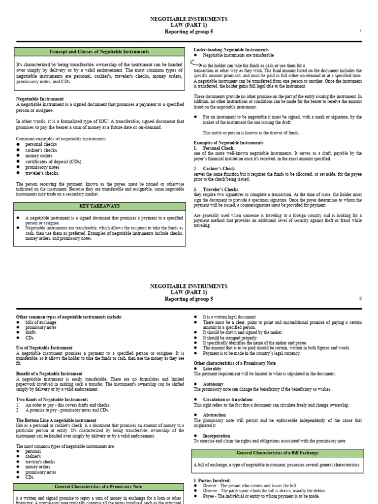 Negotiable Instruments Review Notes Group 5 | PDF | Negotiable ...