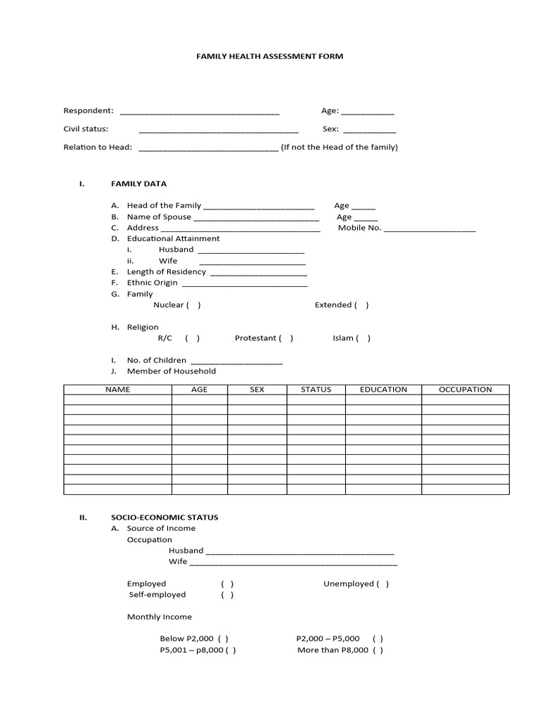 Family Health Assessment Form | PDF | Sanitation | Vegetables