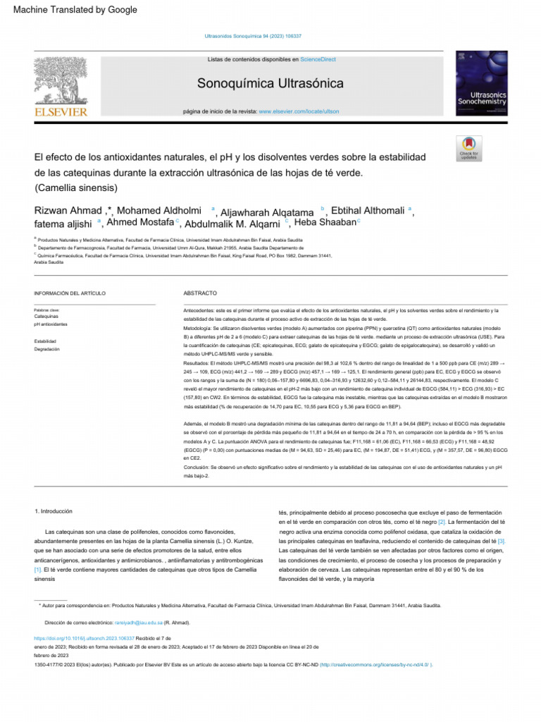 Sonoquímica Ultrasónica: Heba Shaaban Ahmed Mostafa | PDF | Té | Etanol