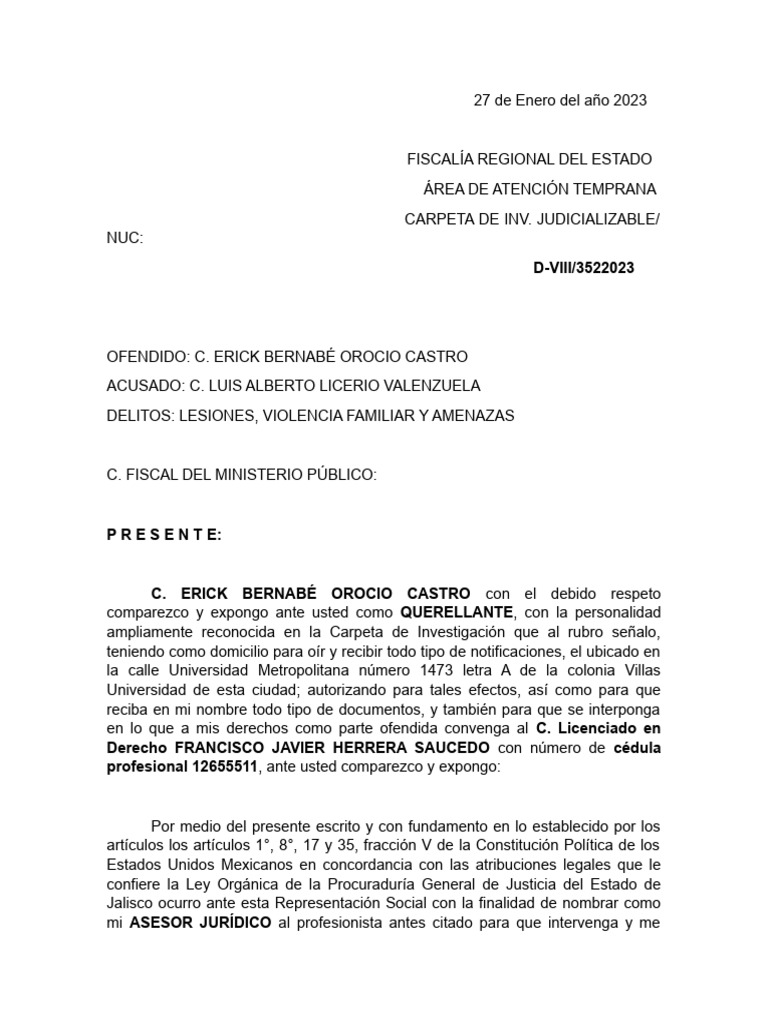 Querella de Lesiones 1 | PDF | Queja | Fiscal