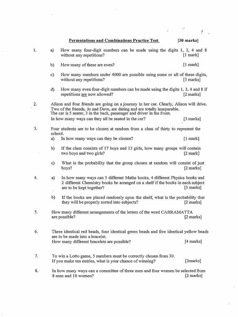Permutations and Combinations Practice Test | PDF | Mathematics