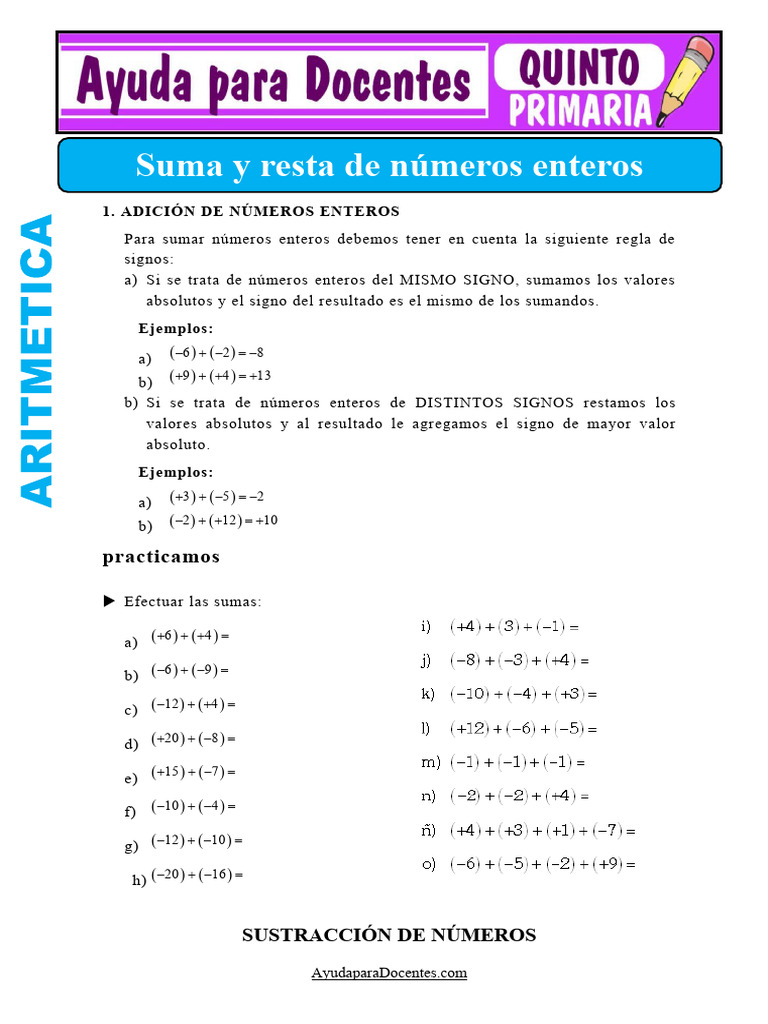 Suma y Resta de Numeros Enteros para Quinto de Primaria | PDF ...