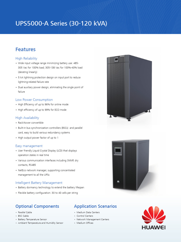 Huawei Ups5000 A Series 30 120kva Ups Datasheet - 7d555637 | PDF | Alternating Current | Electricity