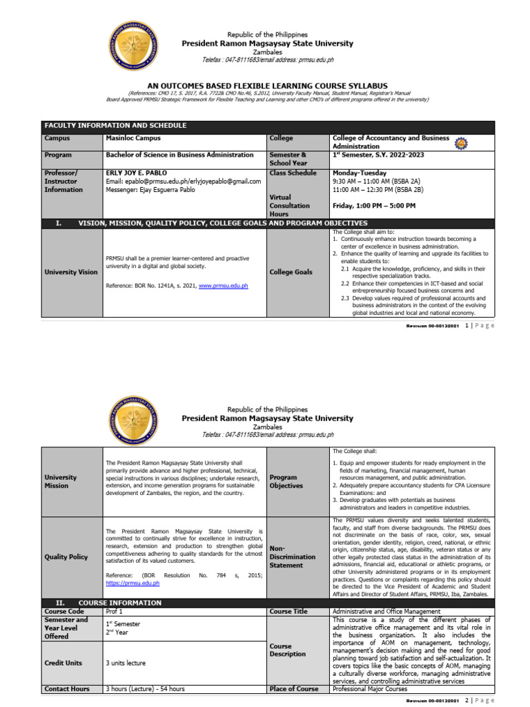 Syllabus Administrative Office Management | PDF | Academic Dishonesty | Academic Integrity