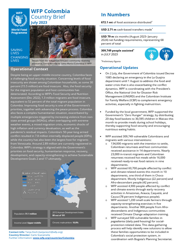 Country Brief: WFP Colombia | PDF | Food Security | World Food Programme