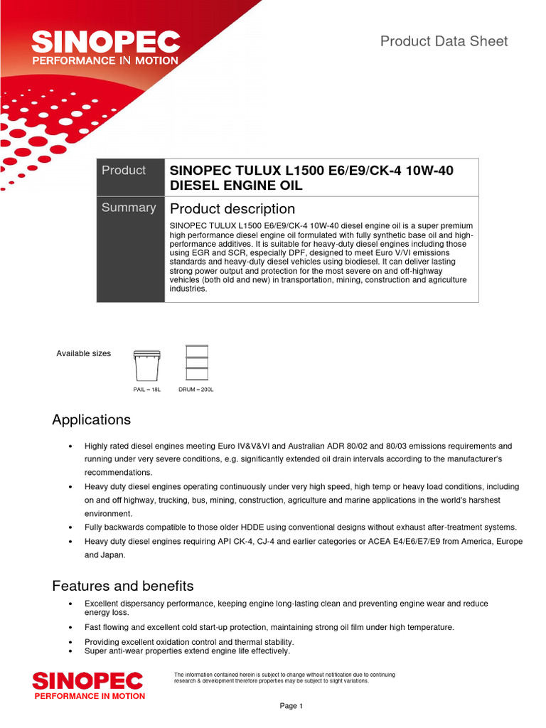 TULUX L1500 E6 E9 CK-4 10W-40 Diesel Engine Oil | PDF | Motor Oil | Physical Sciences