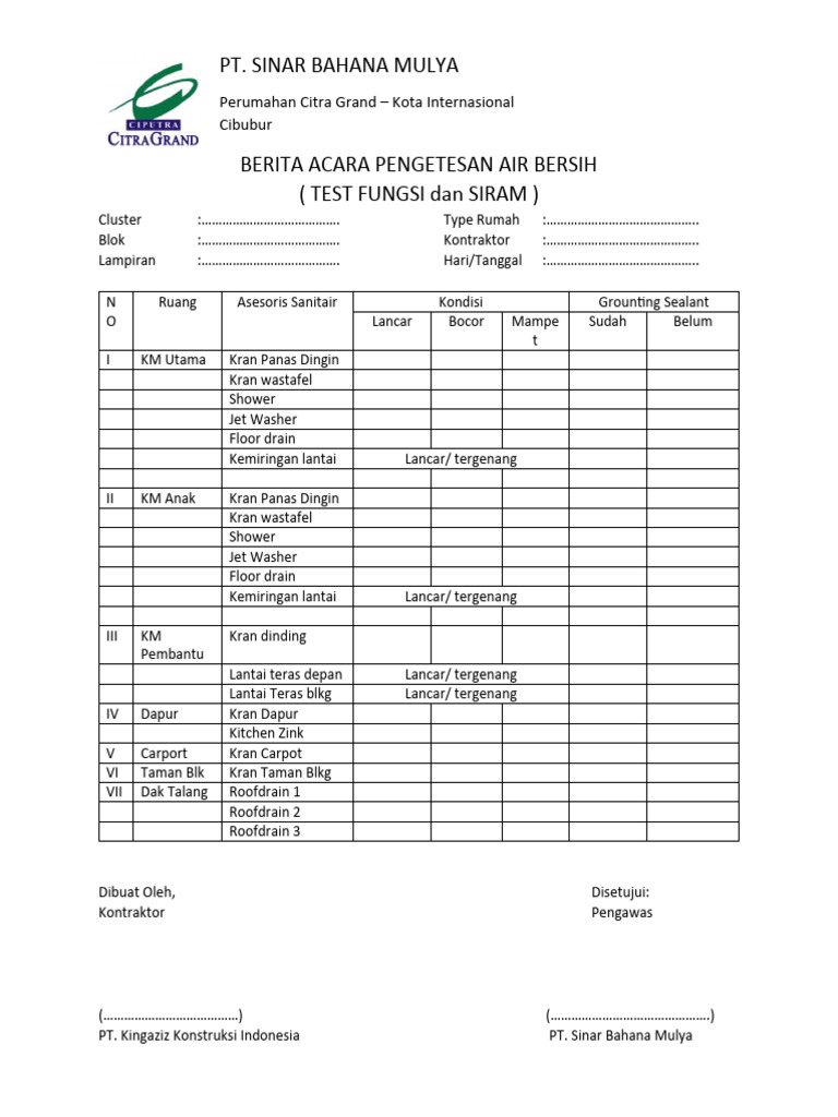 Berita Acara Pengetesan Air Bersih Cibubur | PDF | Griya & Taman