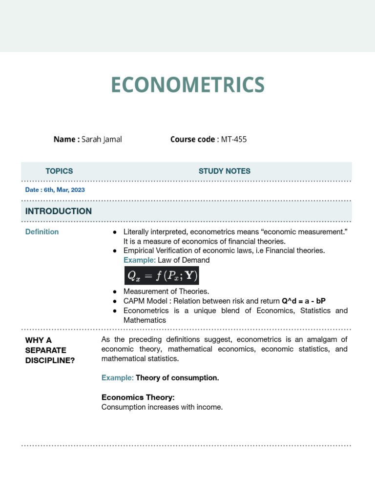Econometrics Notes of Book | PDF | Economics | Consumption (Economics)