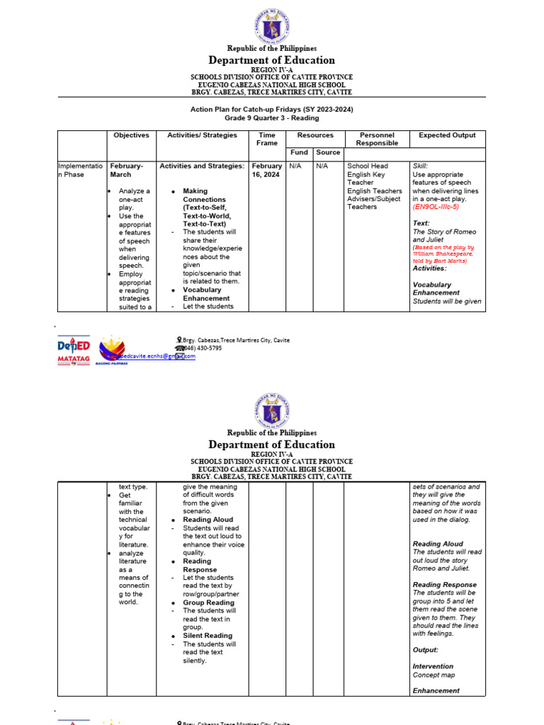 IMplemention-Plan-for-Reading-Enhancement G9 | PDF | Vocabulary | Applied Linguistics